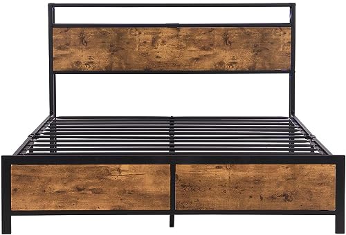 Anwick Metal Queen Bed Frame with Storage Headboard and 2 USB Ports,Industrial Bed Frame Queen Size with LED Lights and Underbed Storage,Noise Free, No Box Spring Needed (Queen)