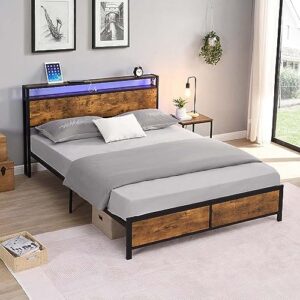 Anwick Metal Queen Bed Frame with Storage Headboard and 2 USB Ports,Industrial Bed Frame Queen Size with LED Lights and Underbed Storage,Noise Free, No Box Spring Needed (Queen)