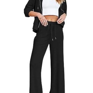 Kisscynest Women's 2 Piece Outfits Lounge Set Zip Up Hoodies High Waist Wide Leg Pants Sweatsuit Black L