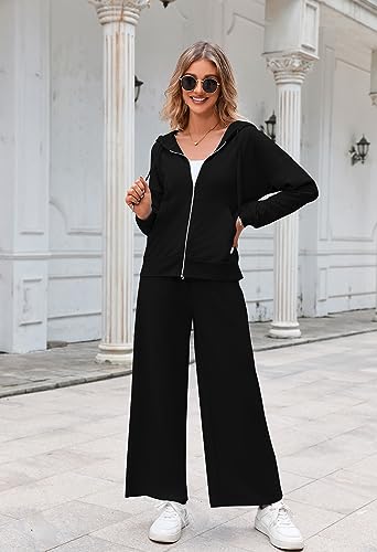 Kisscynest Women's 2 Piece Outfits Lounge Set Zip Up Hoodies High Waist Wide Leg Pants Sweatsuit Black L