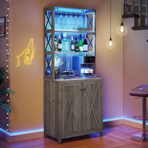 yitahome bar cabinets with led light, coffee bar liquor cabinet with glass holder, tall buffet wine cabinet with storage for kitchen, dining room, rustic grey wash