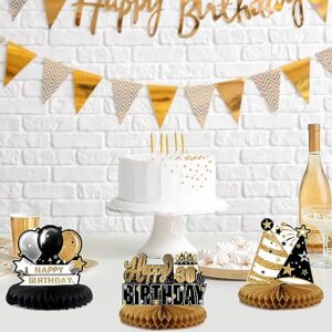 LINGTEER Happy 30th Birthday Black & Gold Paper Table Topper Centerpieces Set - 8 Pcs Cake Star Balloon Thirty Years Old Birthday 30th Bday Party Gift Decorations Sign.