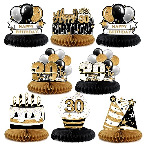 LINGTEER Happy 30th Birthday Black & Gold Paper Table Topper Centerpieces Set - 8 Pcs Cake Star Balloon Thirty Years Old Birthday 30th Bday Party Gift Decorations Sign.