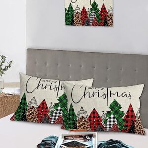 Christmas Tree Pillow Covers Standard Size Set of 2 Bed Pillow, Farmhouse Buffalo Plaid Winter Snowflake Plush Soft Comfort for Hair/ Skin Cooling Pillowcases with Envelop Closure 20x26 Inches