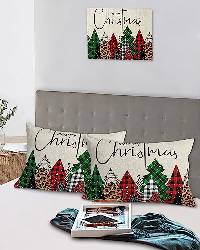 Christmas Tree Pillow Covers Standard Size Set of 2 Bed Pillow, Farmhouse Buffalo Plaid Winter Snowflake Plush Soft Comfort for Hair/ Skin Cooling Pillowcases with Envelop Closure 20x26 Inches