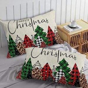 Christmas Tree Pillow Covers Standard Size Set of 2 Bed Pillow, Farmhouse Buffalo Plaid Winter Snowflake Plush Soft Comfort for Hair/ Skin Cooling Pillowcases with Envelop Closure 20x26 Inches