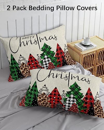 Christmas Tree Pillow Covers Standard Size Set of 2 Bed Pillow, Farmhouse Buffalo Plaid Winter Snowflake Plush Soft Comfort for Hair/ Skin Cooling Pillowcases with Envelop Closure 20x26 Inches