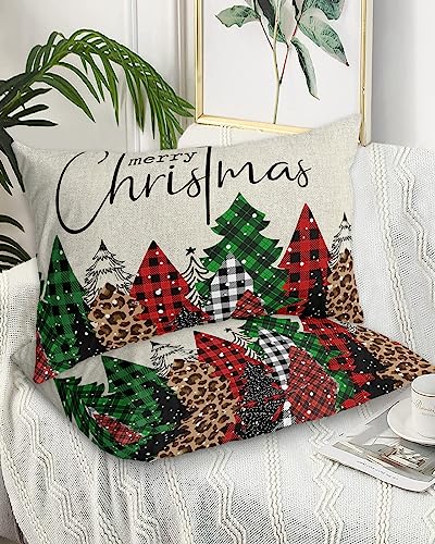 Christmas Tree Pillow Covers Standard Size Set of 2 Bed Pillow, Farmhouse Buffalo Plaid Winter Snowflake Plush Soft Comfort for Hair/ Skin Cooling Pillowcases with Envelop Closure 20x26 Inches