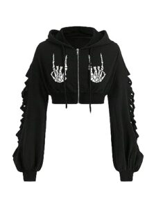 wdirara women's skeleton skull graphic print hoodie drop shoulder drawstring sweatshirt zipper up long sleeve crop top black m