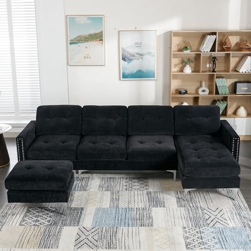 Merax, Black 110" L Convertible Sectional Sofa Velvet U Shape Couch with Movable Ottoman and Storage for Living Room