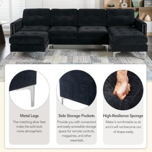 Merax, Black 110" L Convertible Sectional Sofa Velvet U Shape Couch with Movable Ottoman and Storage for Living Room