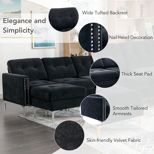 Merax, Black 110" L Convertible Sectional Sofa Velvet U Shape Couch with Movable Ottoman and Storage for Living Room