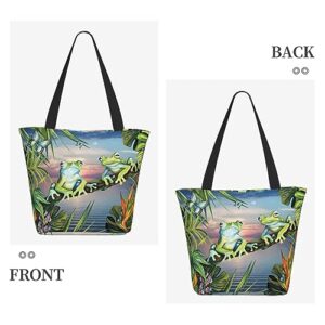 VACSAX Tote Bag for Women Reusable Shopping Bags Tropical Forest Frog Print Shoulder Handbag Aesthetic Totes for Grocery