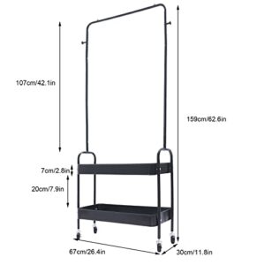 LOHISHILO 2-in 1 Clothing Rack Portable Clothes Hanger Stand with 2 Tier Metal Basket Rolling 4 Wheels, for Hallway, Living Room, Bedroom, Dressing Room, Laundry Room(2-in 1 Black)