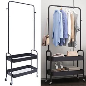 LOHISHILO 2-in 1 Clothing Rack Portable Clothes Hanger Stand with 2 Tier Metal Basket Rolling 4 Wheels, for Hallway, Living Room, Bedroom, Dressing Room, Laundry Room(2-in 1 Black)