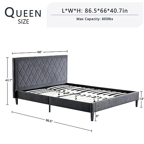 Queen Size Upholstered Platform Bed Frames with Foam Headboard, Mid-Century Modern Platform Bed with Storage Solid Wood Slat Support for Bedroom Small Living Space Boys Girls, Under Bed Storage, Gray