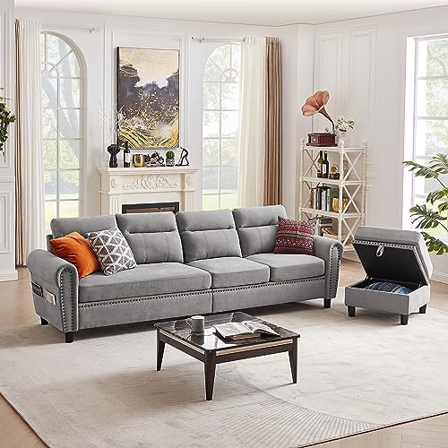 Pingliang Home Convertible Sectional Sofa, 4-Seat L Shaped Couch with Storage Chaise and Pocket, Modern Reversible Couches for Living Room, Light Grey