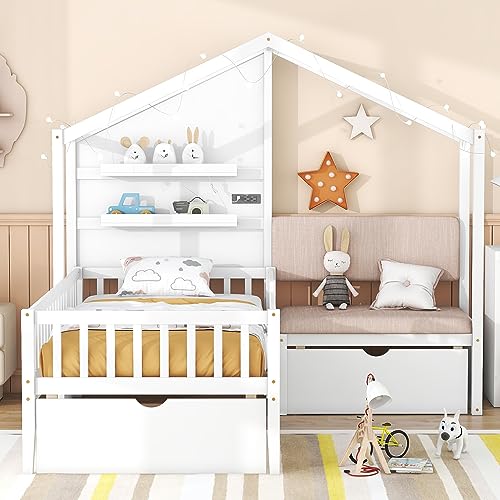 CITYLIGHT Twin Size House Bed for Kids, Montessori House Bed with Upholstered Sofa, Charging Station, Shelves and Sparkling Light Strip on The Roof,Wood Twin Bed Frames with 2 Storage Drawers,White