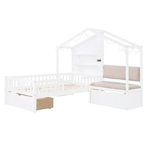 CITYLIGHT Twin Size House Bed for Kids, Montessori House Bed with Upholstered Sofa, Charging Station, Shelves and Sparkling Light Strip on The Roof,Wood Twin Bed Frames with 2 Storage Drawers,White