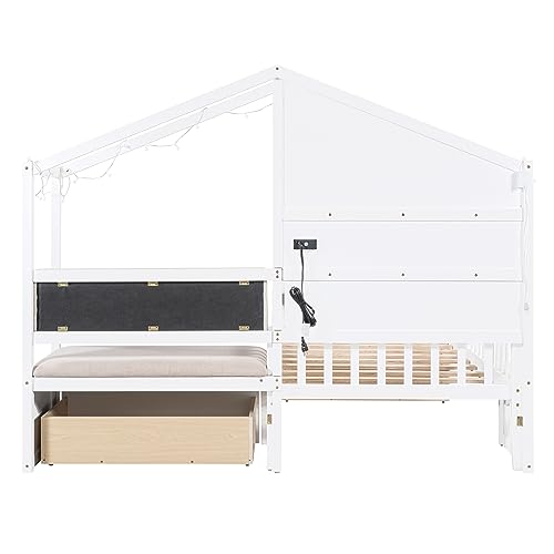 CITYLIGHT Twin Size House Bed for Kids, Montessori House Bed with Upholstered Sofa, Charging Station, Shelves and Sparkling Light Strip on The Roof,Wood Twin Bed Frames with 2 Storage Drawers,White