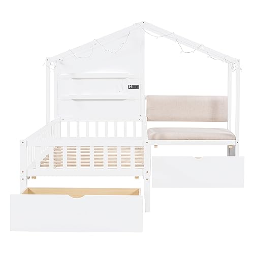 CITYLIGHT Twin Size House Bed for Kids, Montessori House Bed with Upholstered Sofa, Charging Station, Shelves and Sparkling Light Strip on The Roof,Wood Twin Bed Frames with 2 Storage Drawers,White