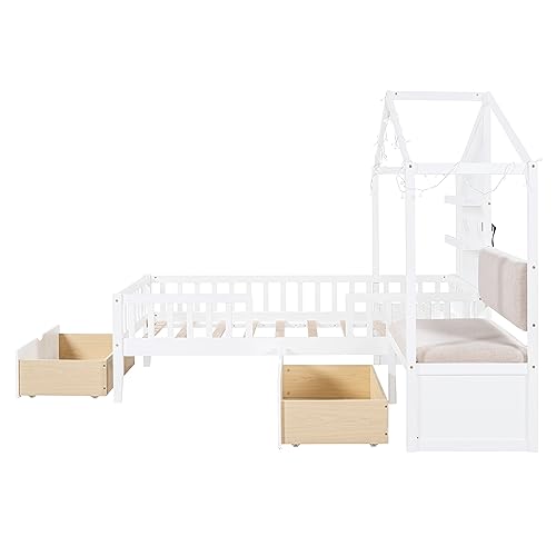 CITYLIGHT Twin Size House Bed for Kids, Montessori House Bed with Upholstered Sofa, Charging Station, Shelves and Sparkling Light Strip on The Roof,Wood Twin Bed Frames with 2 Storage Drawers,White