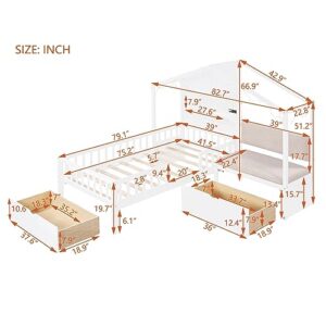 CITYLIGHT Twin Size House Bed for Kids, Montessori House Bed with Upholstered Sofa, Charging Station, Shelves and Sparkling Light Strip on The Roof,Wood Twin Bed Frames with 2 Storage Drawers,White