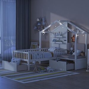 CITYLIGHT Twin Size House Bed for Kids, Montessori House Bed with Upholstered Sofa, Charging Station, Shelves and Sparkling Light Strip on The Roof,Wood Twin Bed Frames with 2 Storage Drawers,White