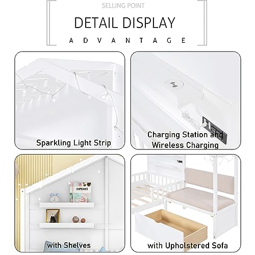 CITYLIGHT Twin Size House Bed for Kids, Montessori House Bed with Upholstered Sofa, Charging Station, Shelves and Sparkling Light Strip on The Roof,Wood Twin Bed Frames with 2 Storage Drawers,White