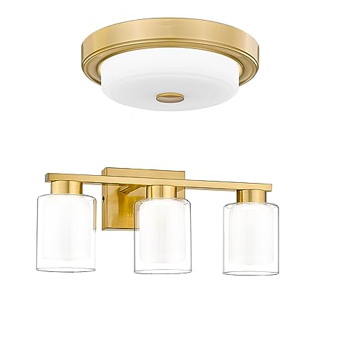 kudos LED Light Fixtures, 12 Inch Gold Flush Mount Ceiling Light Fixture and Brushed Gold Vanity Lights for Mirror, KDCL06-GD, KDVL04-GD-3