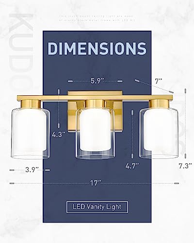 kudos LED Light Fixtures, 12 Inch Gold Flush Mount Ceiling Light Fixture and Brushed Gold Vanity Lights for Mirror, KDCL06-GD, KDVL04-GD-3