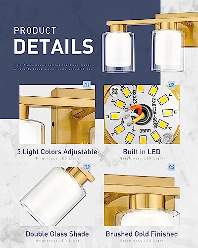 kudos LED Light Fixtures, 12 Inch Gold Flush Mount Ceiling Light Fixture and Brushed Gold Vanity Lights for Mirror, KDCL06-GD, KDVL04-GD-3