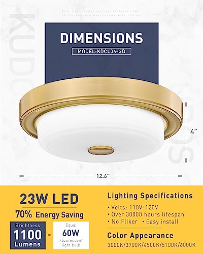 kudos LED Light Fixtures, 12 Inch Gold Flush Mount Ceiling Light Fixture and Brushed Gold Vanity Lights for Mirror, KDCL06-GD, KDVL04-GD-3