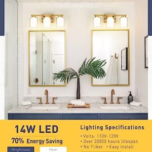 kudos LED Light Fixtures, 12 Inch Gold Flush Mount Ceiling Light Fixture and Brushed Gold Vanity Lights for Mirror, KDCL06-GD, KDVL04-GD-3