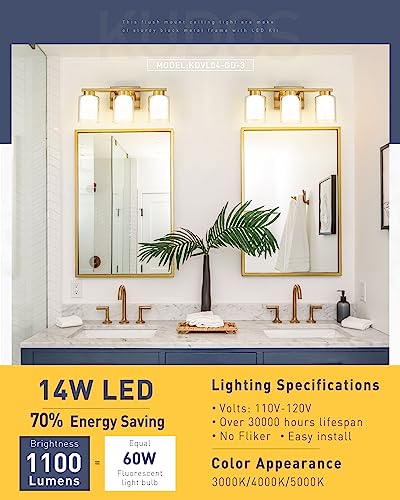 kudos LED Light Fixtures, 12 Inch Gold Flush Mount Ceiling Light Fixture and Brushed Gold Vanity Lights for Mirror, KDCL06-GD, KDVL04-GD-3