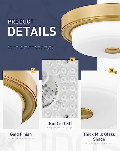 kudos LED Light Fixtures, 12 Inch Gold Flush Mount Ceiling Light Fixture and Brushed Gold Vanity Lights for Mirror, KDCL06-GD, KDVL04-GD-3