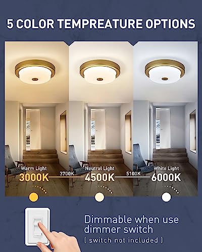 kudos LED Light Fixtures, 12 Inch Gold Flush Mount Ceiling Light Fixture and Brushed Gold Vanity Lights for Mirror, KDCL06-GD, KDVL04-GD-3