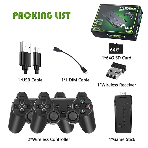 Wireless Retro Game Console, Retro Game Stick, Plug and Play Video Game Stick Built in 10000+ Games, 4K HDMI Output, 9 Classic Emulators, with 2.4G Wireless 2 Controllers(64G)