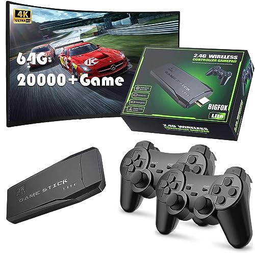 Wireless Retro Game Console, Retro Game Stick, Plug and Play Video Game Stick Built in 10000+ Games, 4K HDMI Output, 9 Classic Emulators, with 2.4G Wireless 2 Controllers(64G)