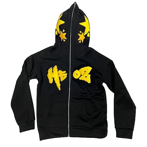 JINZIYINZI Y2k Womens Men Full Zip Up Novelty Demon Graphic Oversized Hoodies Grunge Goth Emo Jacket Sweater Halloween Streetwear A-yellow