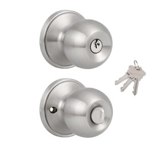 knobonly entry keyed alike door knobs with lock and key, exterior door locks with same key, front door handles lock with keys, satin nickel entry door locksets, 3 pack