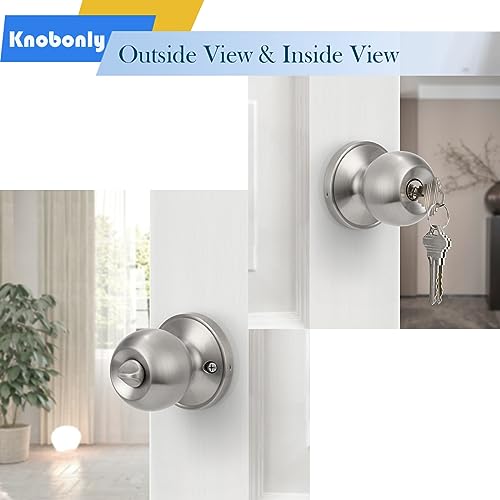 Knobonly Entry Keyed Alike Door Knobs with Lock and Key, Exterior Door Locks with Same Key, Front Door Handles Lock with Keys, Satin Nickel Entry Door Locksets, 3 Pack