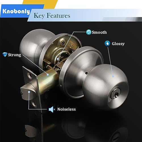 Knobonly Entry Keyed Alike Door Knobs with Lock and Key, Exterior Door Locks with Same Key, Front Door Handles Lock with Keys, Satin Nickel Entry Door Locksets, 3 Pack