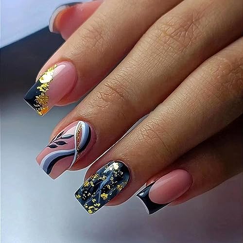 24 Pcs Press on Nails Medium Square Black French Fake Nails Press ons Gold Foil Sequin Fashion Nail Tips Full Cover False Nails with Designs Stick on Nails Glue Acrylic Nail Kit Art for Women Manicure