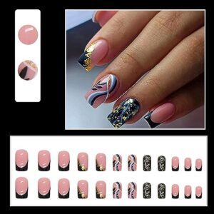 24 Pcs Press on Nails Medium Square Black French Fake Nails Press ons Gold Foil Sequin Fashion Nail Tips Full Cover False Nails with Designs Stick on Nails Glue Acrylic Nail Kit Art for Women Manicure