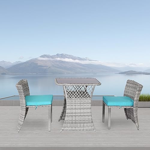 yoyomax, Turquoise 3 Pieces Furniture Clearance, PE Rattan Wicker Storage Shelf, Patio Sofa Chairs with Tempered Glass Table, Ideal for Garden-Porch, 3PCS-Bistro Set