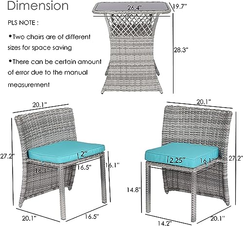 yoyomax, Turquoise 3 Pieces Furniture Clearance, PE Rattan Wicker Storage Shelf, Patio Sofa Chairs with Tempered Glass Table, Ideal for Garden-Porch, 3PCS-Bistro Set