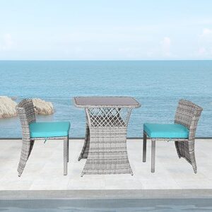 yoyomax, Turquoise 3 Pieces Furniture Clearance, PE Rattan Wicker Storage Shelf, Patio Sofa Chairs with Tempered Glass Table, Ideal for Garden-Porch, 3PCS-Bistro Set