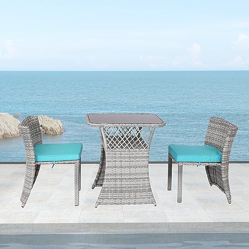 yoyomax, Turquoise 3 Pieces Furniture Clearance, PE Rattan Wicker Storage Shelf, Patio Sofa Chairs with Tempered Glass Table, Ideal for Garden-Porch, 3PCS-Bistro Set