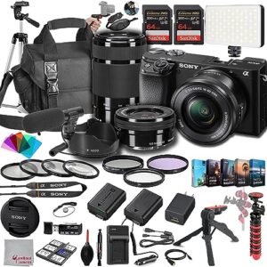 sony a6100 mirrorless camera with 16-50mm + 55-210mm lenses, 128gb extreem memory,.43 wide angle & 2x lenses, case. tripod, filters, hood, spare battery & charger, editing software kit -deluxe bundle